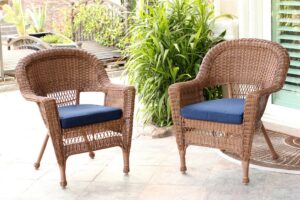 jeco wicker chair with blue cushion, set of 2, honey/w00205-