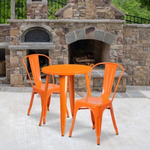 flash furniture commercial grade 24" round orange metal indoor-outdoor table set with 2 cafe chairs