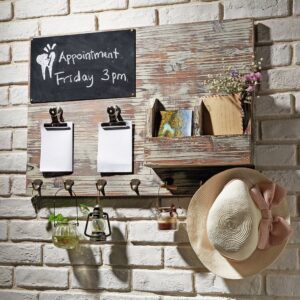 mygift torched wood wall mounted entryway key hook rack, all-in-one organizer with chalkboard, memo clips, mail sorter and hanging hooks