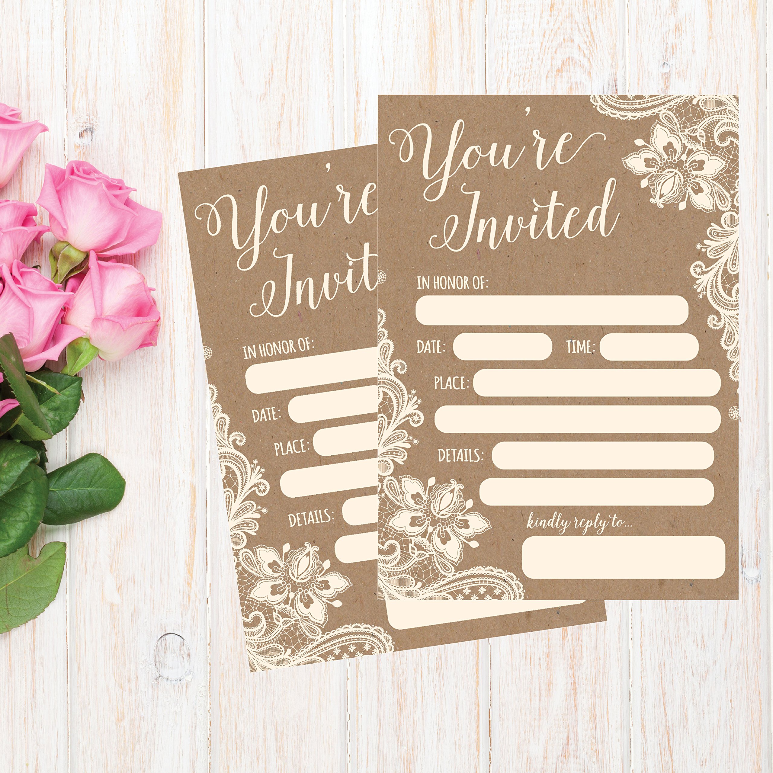 50 Fill In Invitations, Burlap and Lace, Kraft, Wedding Invitations, Bridal Shower Invitations, Rehearsal Dinner, Dinner Invites, Baby Shower Invite, Bachelorette Party Invites, Engagement, Graduation