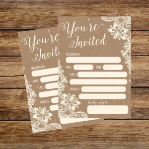 50 Fill In Invitations, Burlap and Lace, Kraft, Wedding Invitations, Bridal Shower Invitations, Rehearsal Dinner, Dinner Invites, Baby Shower Invite, Bachelorette Party Invites, Engagement, Graduation