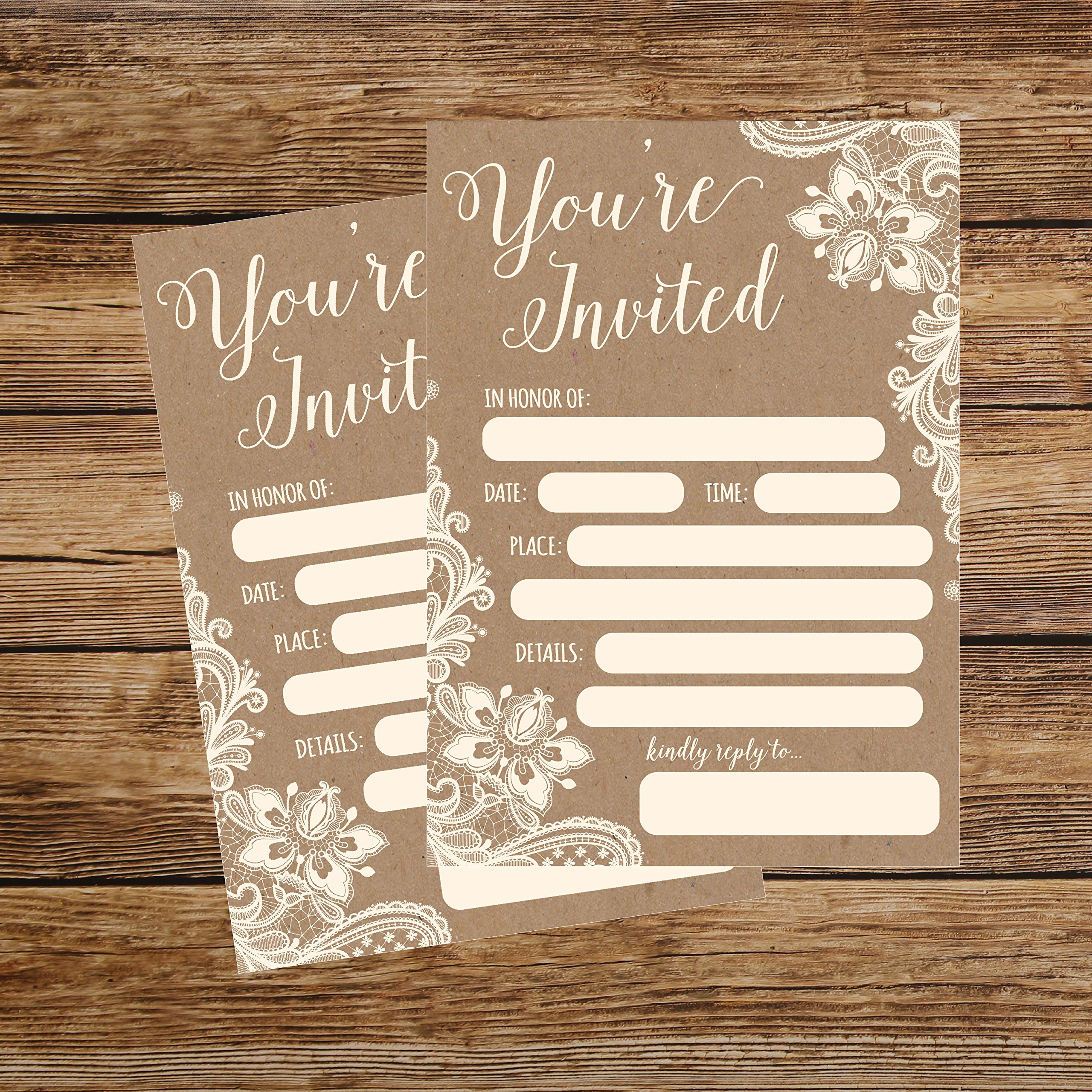 50 Fill In Invitations, Burlap and Lace, Kraft, Wedding Invitations, Bridal Shower Invitations, Rehearsal Dinner, Dinner Invites, Baby Shower Invite, Bachelorette Party Invites, Engagement, Graduation