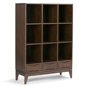 simplihome harper solid hardwood 42 inch mid century modern cube storage bookcase with drawers in walnut brown, for the living room, study room and office