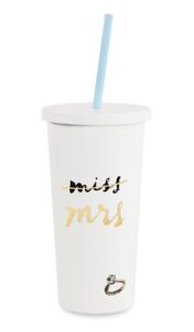 kate spade new york bridal insulated tumbler with reusable straw, 20 ounces, miss to mrs. (white)