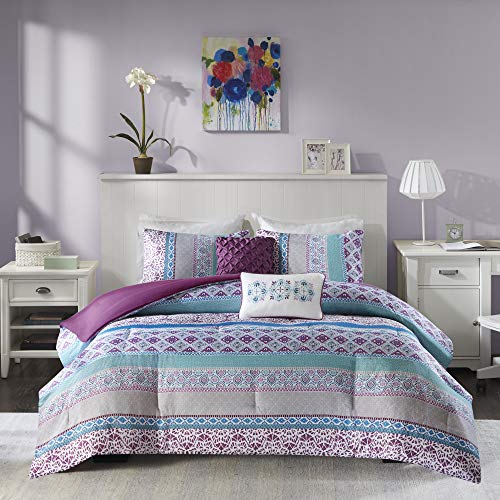 Intelligent Design Cozy Comforter Set Casual Boho Pieced Design, Modern All Season Bedding Set with Matching Sham, Decorative Pillow, Full/Queen, Joni Purple 5 Piece (ID10-1099)