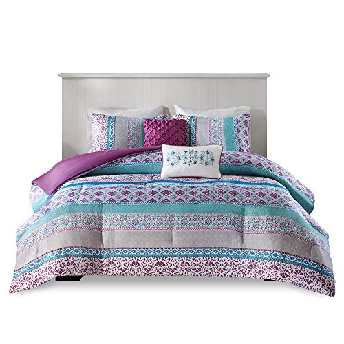 Intelligent Design Cozy Comforter Set Casual Boho Pieced Design, Modern All Season Bedding Set with Matching Sham, Decorative Pillow, Full/Queen, Joni Purple 5 Piece (ID10-1099)