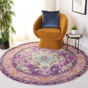 safavieh monaco collection area rug - 6'7" round, violet & light blue, boho chic medallion distressed design, non-shedding & easy care, ideal for high traffic areas in living room, bedroom (mnc243l)