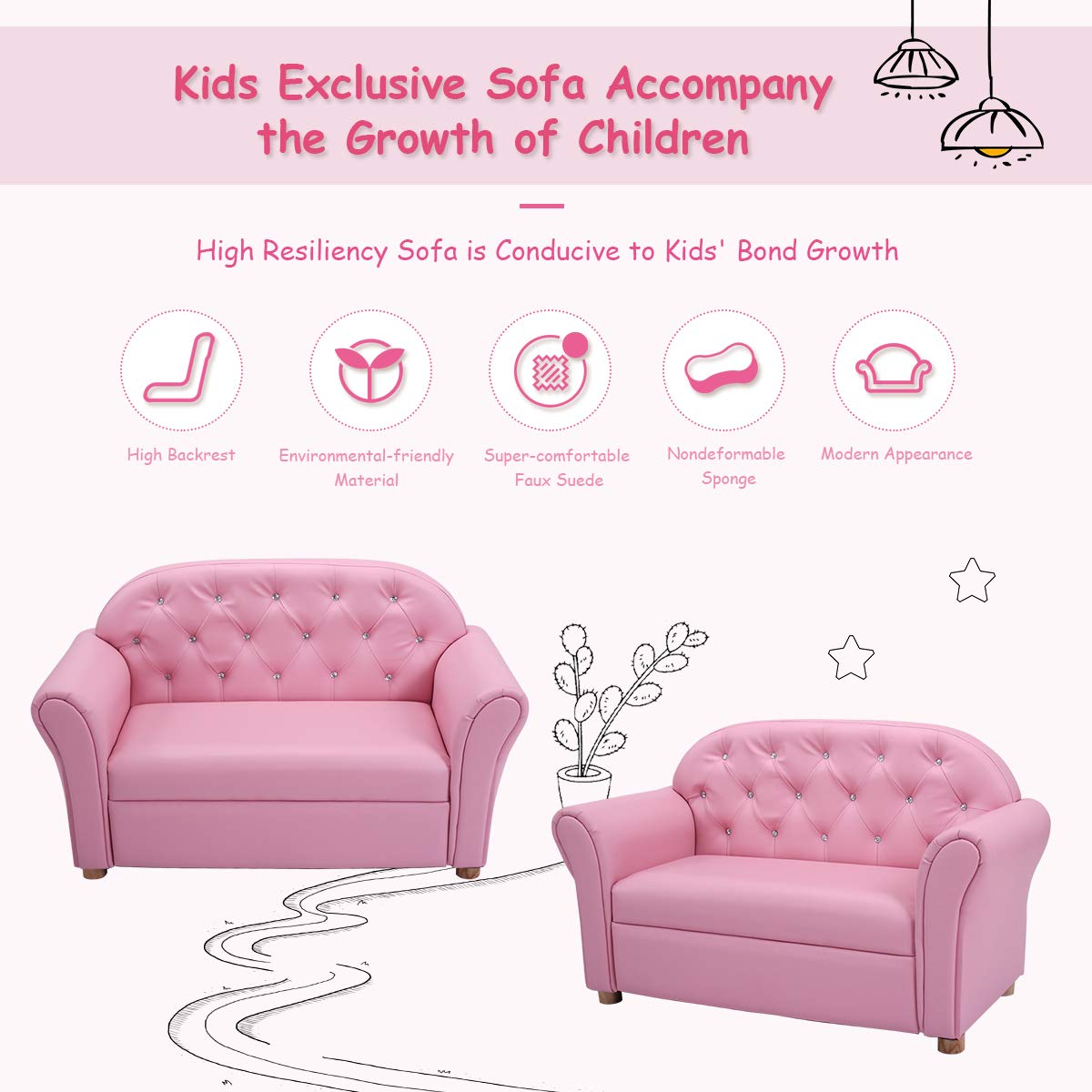 Costzon Kids Couch, 2 in 1 Princess Double Seat Children's Sofa w/PU Leather Surface, Toddler Armrest Chair for Bedroom, Kids Room, Mini Sofa for Kids Loveseat Baby Girls Birthday