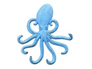 handcrafted model ships rustic light blue cast iron wall mounted decorative octopus hooks 7" - beach de