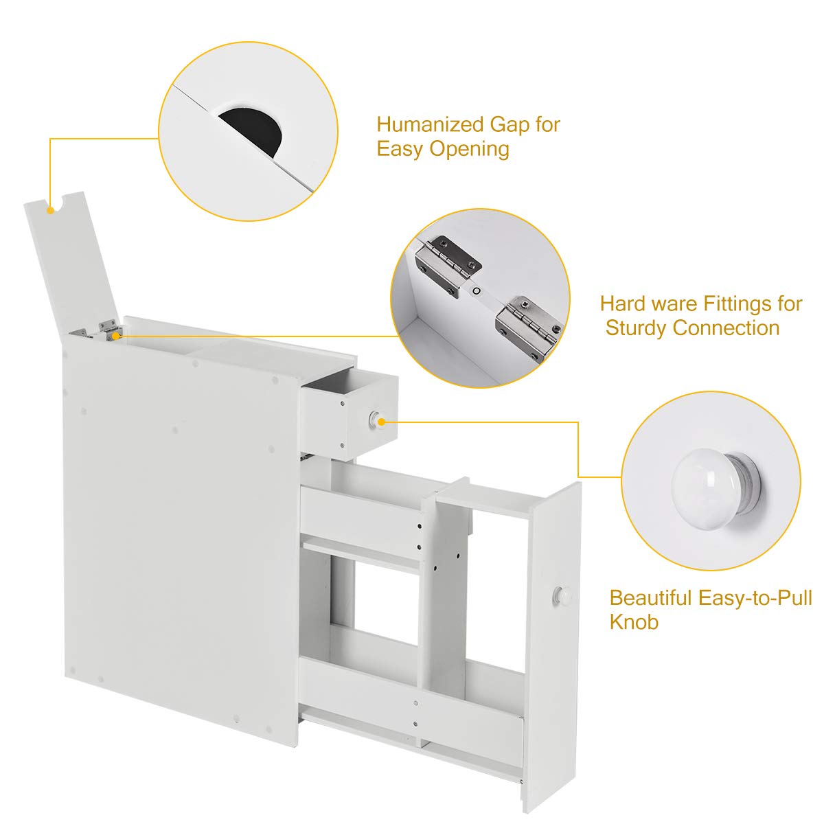 Tangkula Bathroom Wood Storage Cabinet Home Kitchen Floor Storage Organizer with Slide Out Drawer Free Standing Space Saving Storage Cabinet Toilet Paper Holder, White