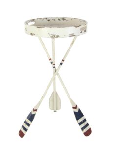 deco 79 metal paddle side end accent table distressed striped end table with navy and red striped oar legs, side table 16" x 16" x 28", white