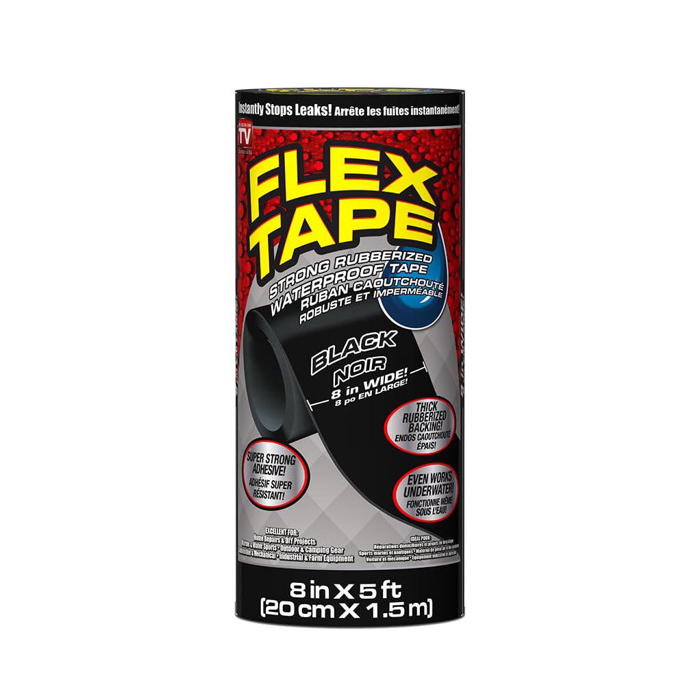 Flex Tape, 8 in x 5 ft, Black, Original Thick Flexible Rubberized Waterproof Tape - Seal and Patch Leaks, Works Underwater, Indoor Outdoor Projects - Home RV Roof Plumbing and Pool Repairs