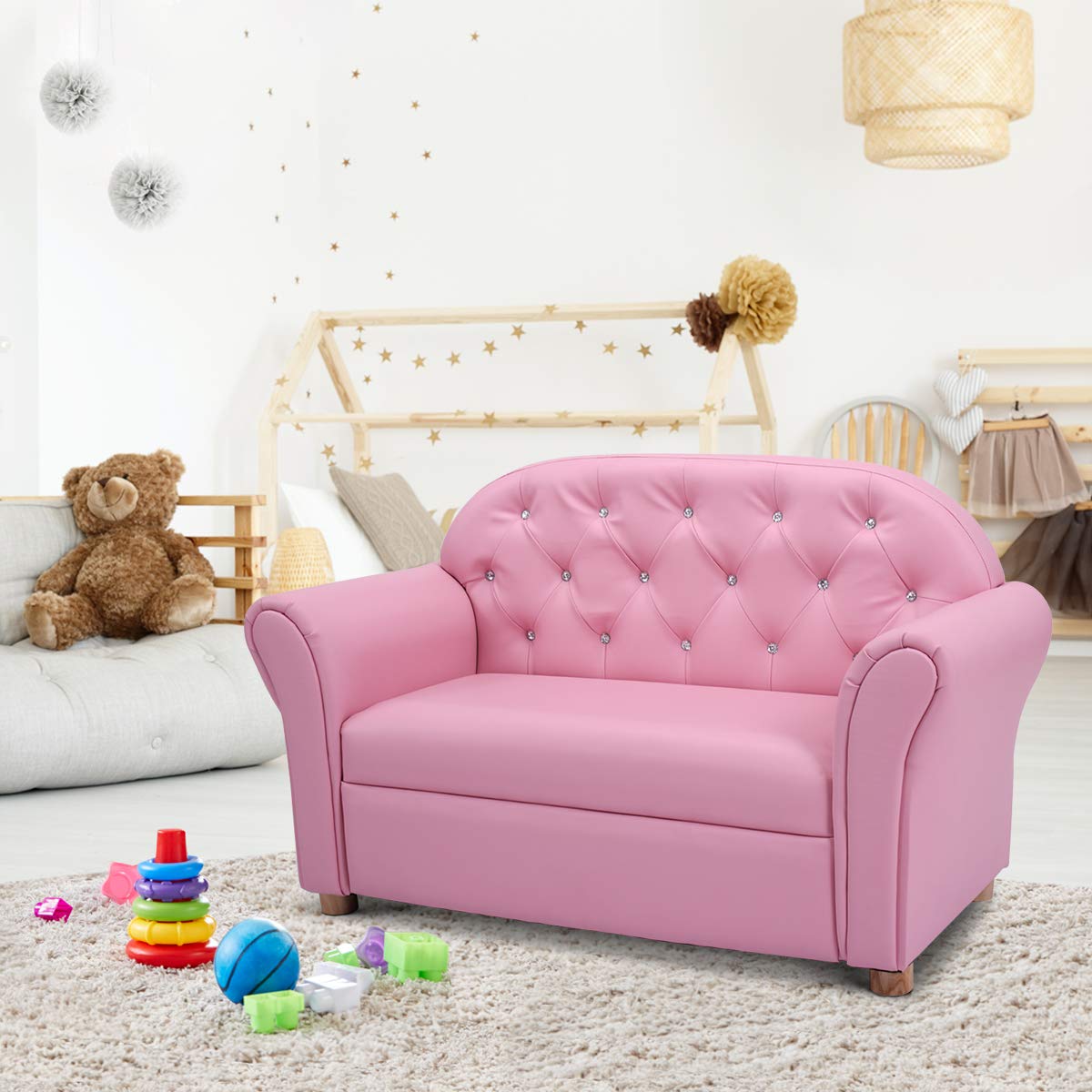 Costzon Kids Couch, 2 in 1 Princess Double Seat Children's Sofa w/PU Leather Surface, Toddler Armrest Chair for Bedroom, Kids Room, Mini Sofa for Kids Loveseat Baby Girls Birthday