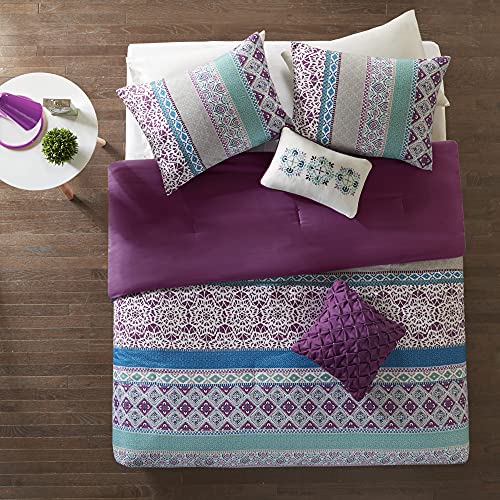 Intelligent Design Cozy Comforter Set Casual Boho Pieced Design, Modern All Season Bedding Set with Matching Sham, Decorative Pillow, Full/Queen, Joni Purple 5 Piece (ID10-1099)