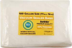 100 vacuum sealer bags: gallon size (11" x 16") by outofair works with foodsaver & other machines - 33% thicker bpa free, commercial grade, 11 x 16 inches