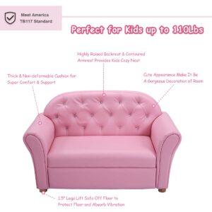 Costzon Kids Couch, 2 in 1 Princess Double Seat Children's Sofa w/PU Leather Surface, Toddler Armrest Chair for Bedroom, Kids Room, Mini Sofa for Kids Loveseat Baby Girls Birthday