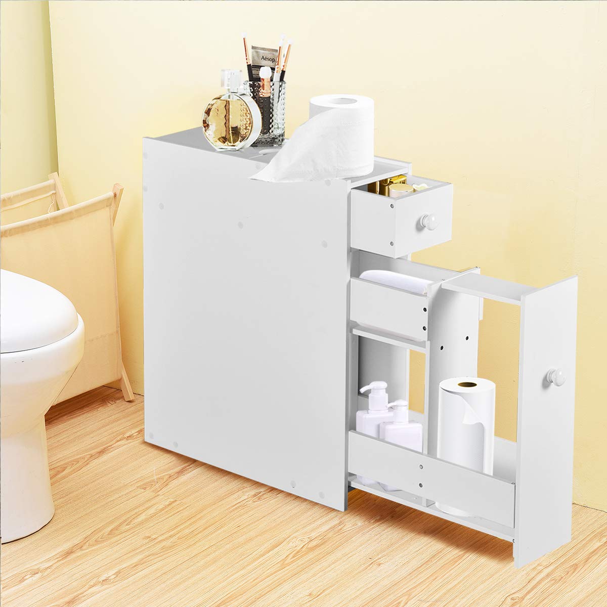 Tangkula Bathroom Wood Storage Cabinet Home Kitchen Floor Storage Organizer with Slide Out Drawer Free Standing Space Saving Storage Cabinet Toilet Paper Holder, White