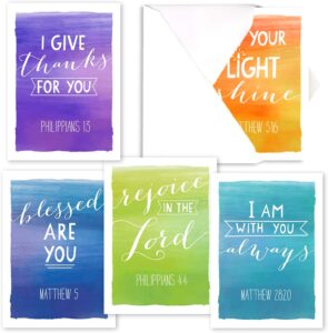 religious encouragement note card pack / 25 bible verse cards / 5 vibrant watercolor designs / 3 1/2" x 4 7/8" christian greeting cards