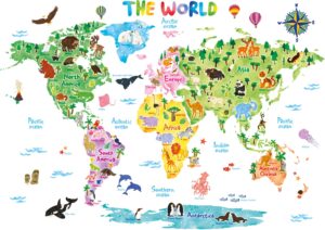 decowall dl3-1615 xlarge animal world map kids wall stickers (61x43 inch) wall decals peel and stick removable wall stickers for kids nursery bedroom living room décor