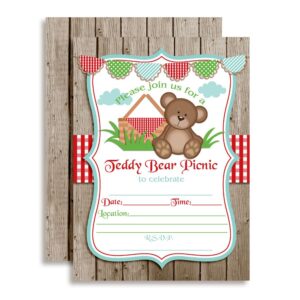 teddy bear picnic birthday party invitations, 20 5x7 fill in cards with twenty white envelopes by amandacreation