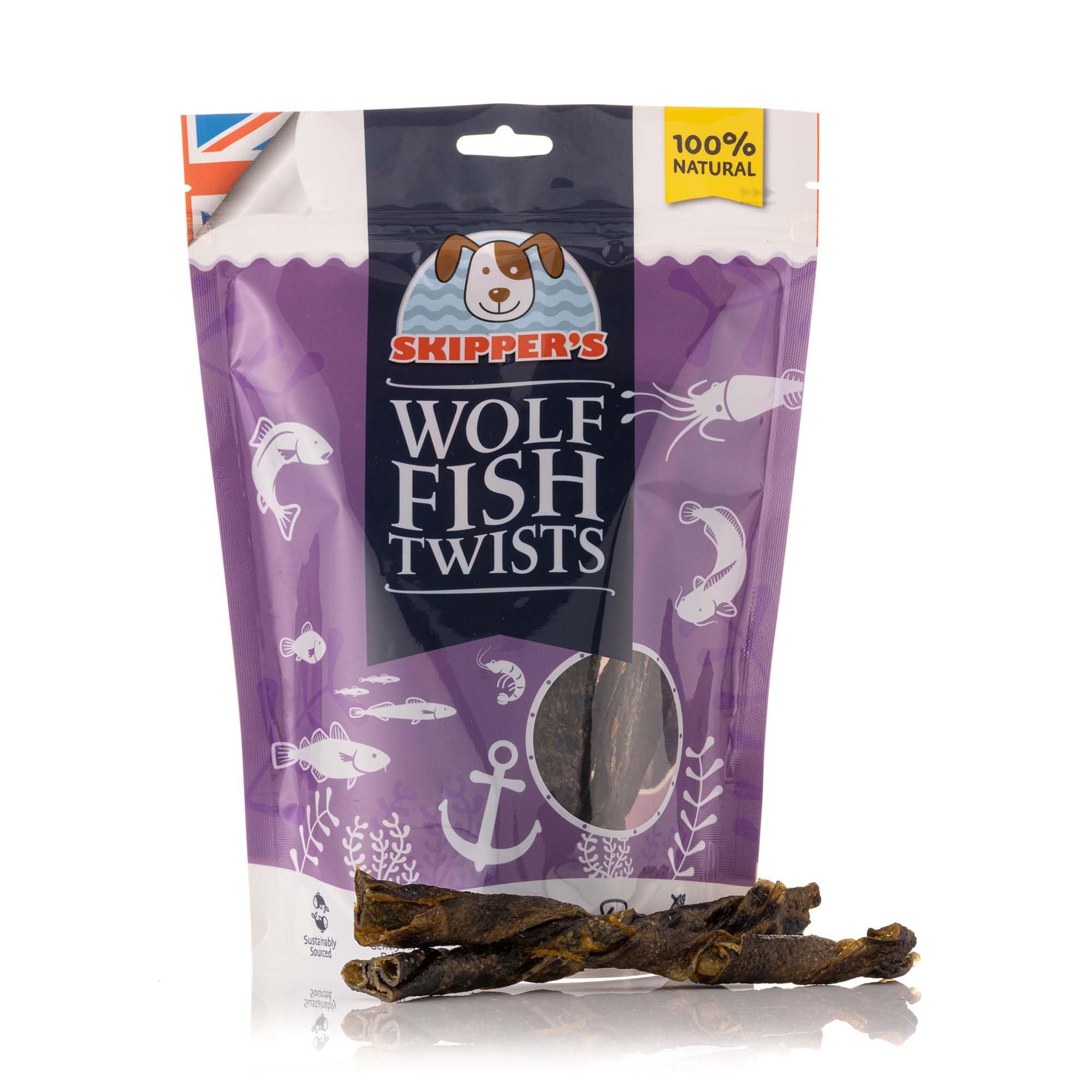 SKIPPER'S Wolf Fish Skin Twists Dog Chews - 100% Fish Skin Grain Free Treats for Dogs, High in Protein & Low in Fat, Essential Omega 3 Oils | Great for Teeth (Short, 2.5 Oz)