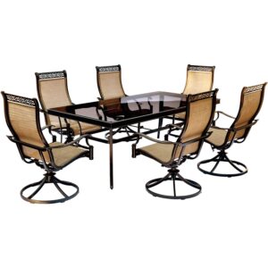 hanover monaco 7-piece patio dining set with 6 pvc swivel rockers and tempered glass rectangular dining table, rust and weather resistant aluminum outdoor dining set for 6