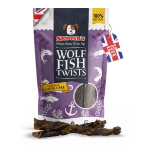 skipper's wolf fish skin twists dog chews - 100% fish skin grain free treats for dogs, high in protein & low in fat, essential omega 3 oils | great for teeth (short, 2.5 oz)