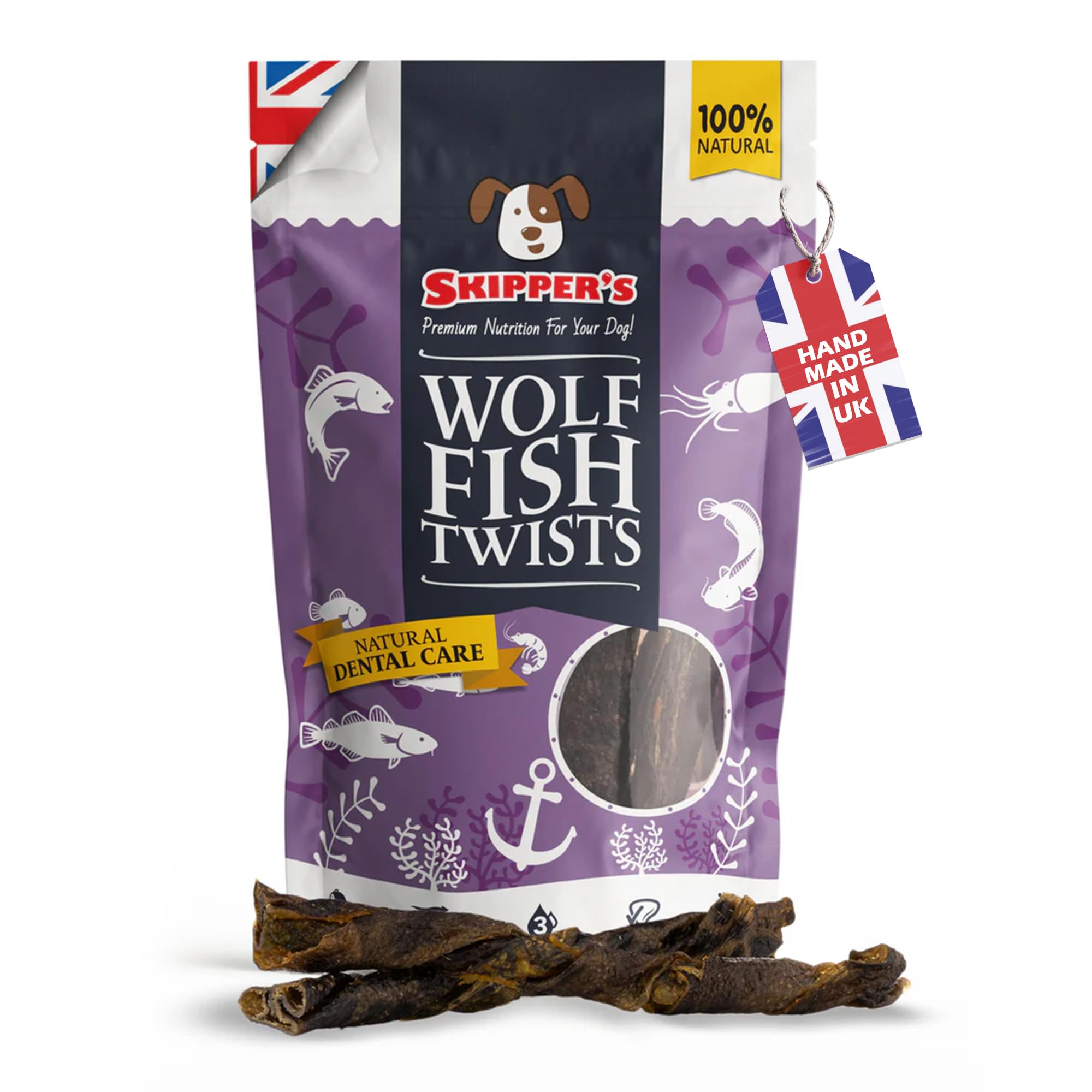 SKIPPER'S Wolf Fish Skin Twists Dog Chews - 100% Fish Skin Grain Free Treats for Dogs, High in Protein & Low in Fat, Essential Omega 3 Oils | Great for Teeth (Short, 2.5 Oz)