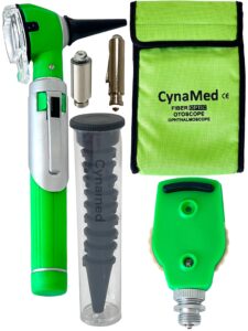 new cynamed fiber optic 3.2v bright white led otoscope set includes disposable specula aadaptor and 3 sizes of reuseable specula plus 2 replacement bulbs green cynamed