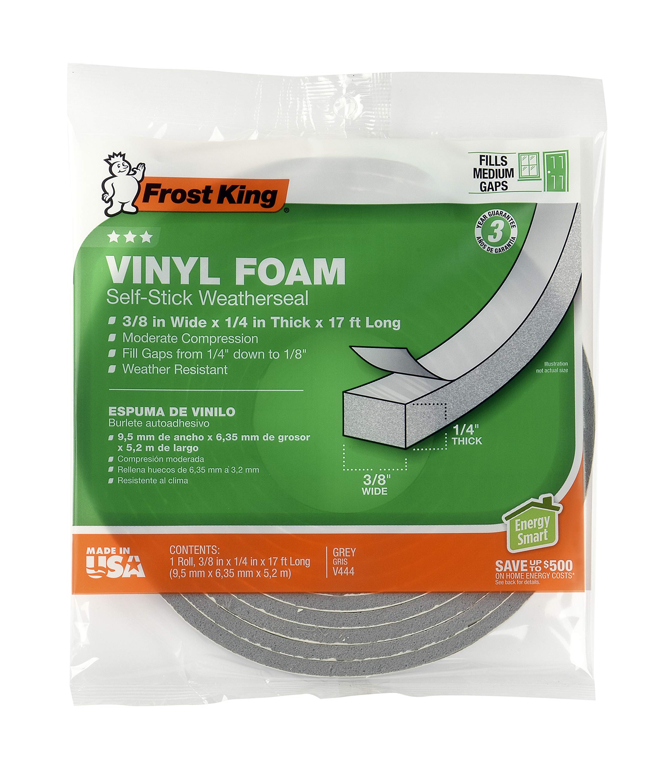 Frost King V734H Vinyl Foam Tape - Closed Cell - Moderate Compression, 3/4" W, 1/2" Thick, 10' L, Grey,Gray