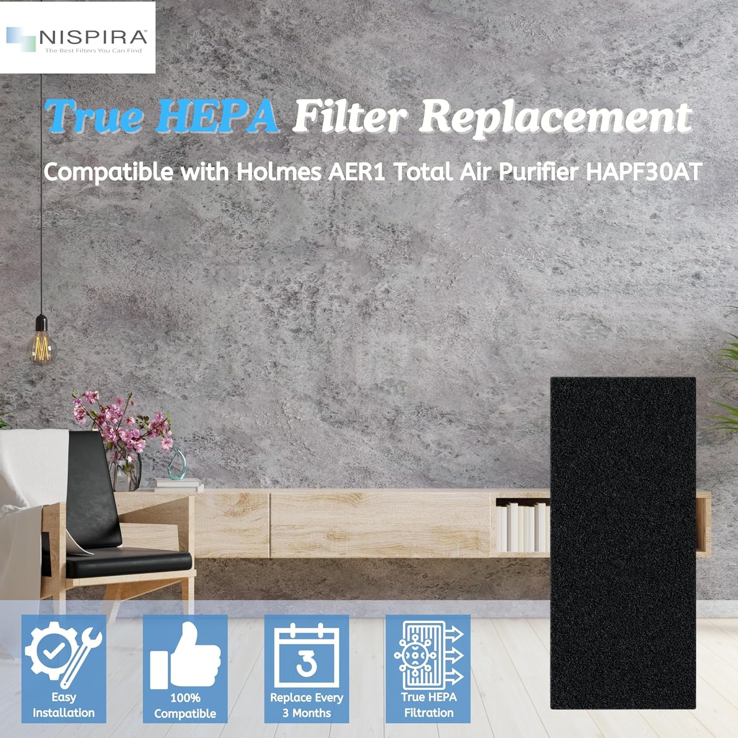 Nispira Activated Carbon Pre Filter Compatible with Holmes AER1 Air Purifier HAPF30AT HEPA Air Filter - 9.5” x 4” x 0.25” (4 Carbon Filters)