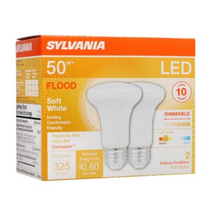 sylvania led flood r20 light bulb, 50w=5w, 10 year, 325 lumens, e26 medium base, dimmable, 2700k, soft white - 2 pack (73993)