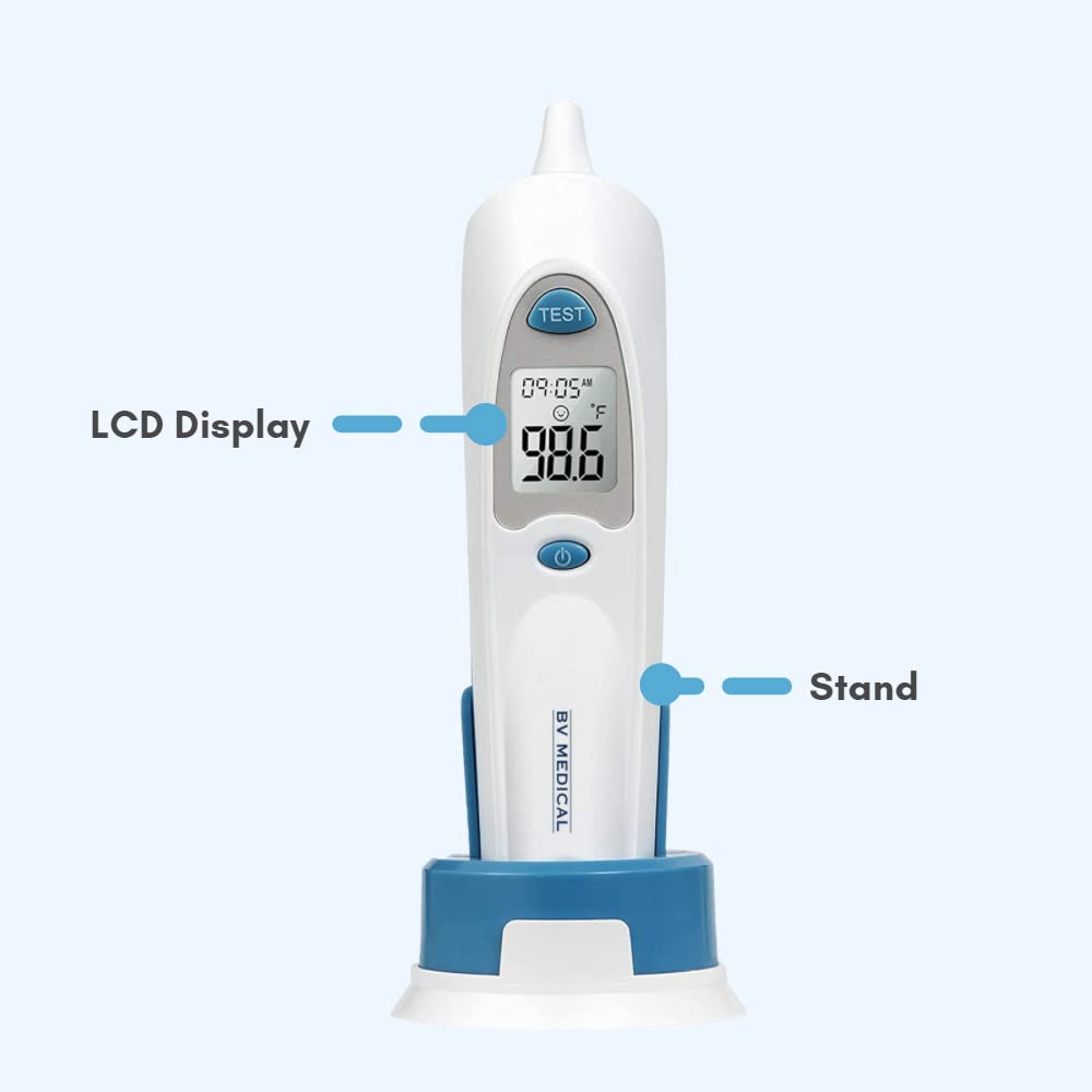 BV Medical Instant Fast Ear Thermometer for Adults, Kids, Toddlers, and Babies with 25 Probe Covers, Stand, and Cover for Clinic or Home