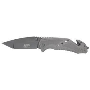 smith & wesson m&p swmp11g 8.9in high carbon s.s. folding knife with 3.8in tanto point blade and aluminum handle for outdoor, tactical, survival and edc,grey