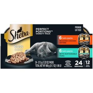 sheba perfect portions cuts in gravy wet cat food trays (12 count, 24 servings), signature tuna and roasted chicken entrée, easy peel twin-pack trays