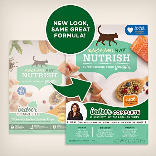 Nutrish Rachael Ray Indoor Complete Premium Natural Dry Cat Food with Added Vitamins, Minerals & Other Nutrients, Chicken with Lentils & Salmon Recipe, 6 Pounds (Packaging May Vary)