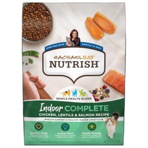 nutrish rachael ray indoor complete premium natural dry cat food with added vitamins, minerals & other nutrients, chicken with lentils & salmon recipe, 6 pounds (packaging may vary)