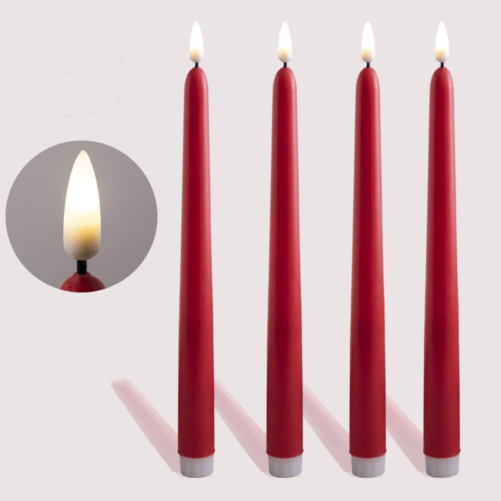 NONNO & ZGF 11'' RED Set of 4 Battery Operated Wax Taper Candles with Remote, Use 2-AA Batteries(not Included Runs 200 Hours, LED Flameless Candles