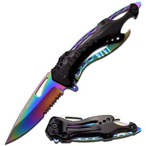 8" MTECH USA RAINBOW TITANIUM TACTICAL FOLDING KNIFE Pocket Blade EDC Can Opener