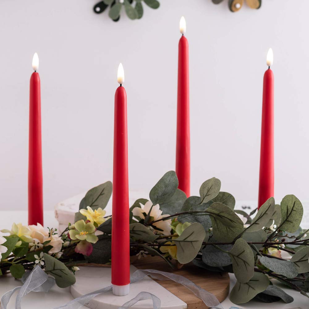 NONNO & ZGF 11'' RED Set of 4 Battery Operated Wax Taper Candles with Remote, Use 2-AA Batteries(not Included Runs 200 Hours, LED Flameless Candles