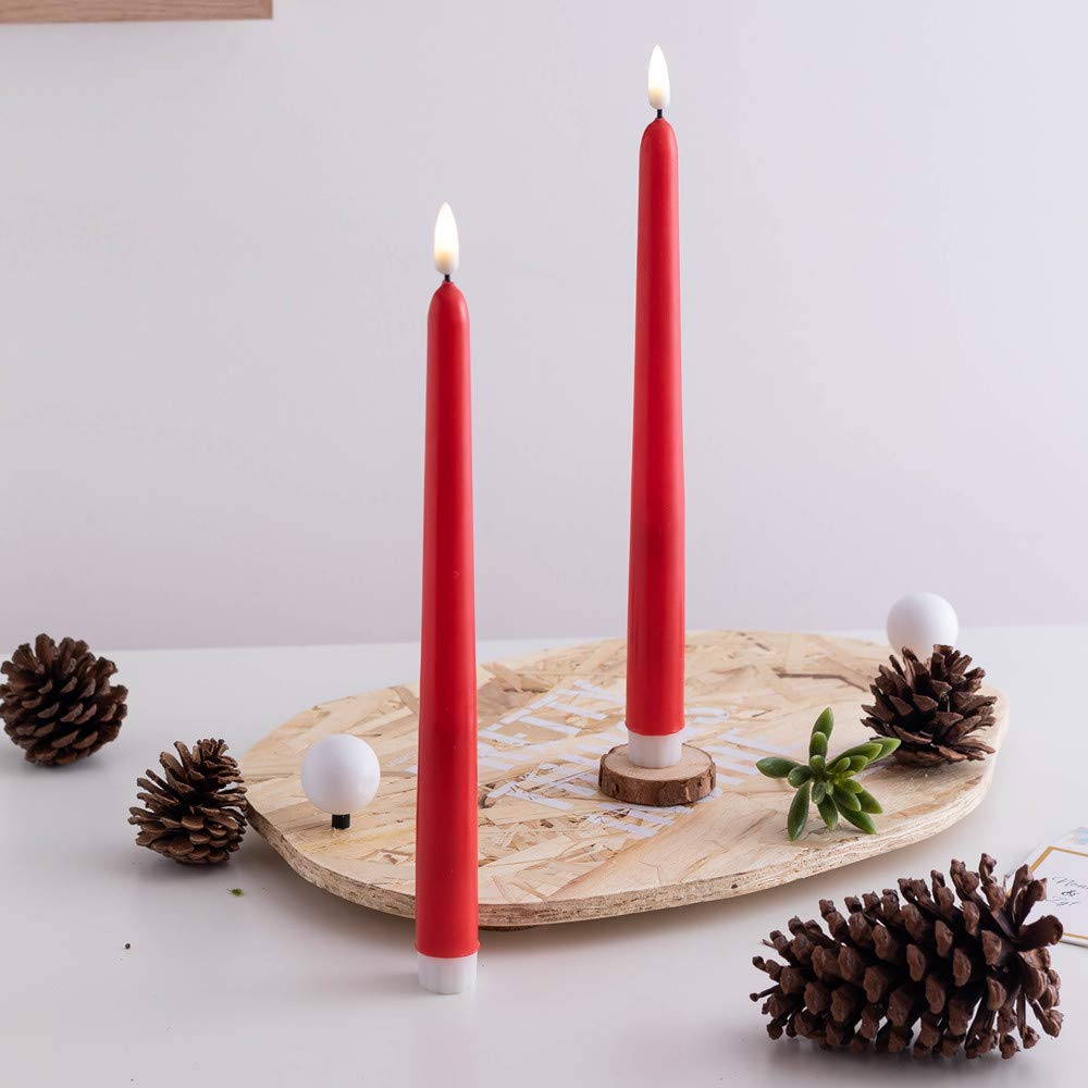 NONNO & ZGF 11'' RED Set of 4 Battery Operated Wax Taper Candles with Remote, Use 2-AA Batteries(not Included Runs 200 Hours, LED Flameless Candles