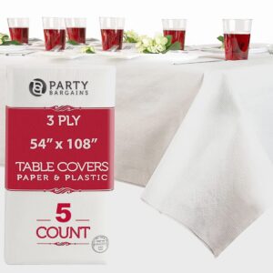 party bargains 5 disposable table covers - 54" x 108", 3 ply paper & plastic white table cover