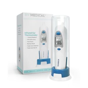 bv medical instant fast ear thermometer for adults, kids, toddlers, and babies with 25 probe covers, stand, and cover for clinic or home