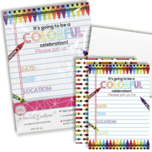 amanda creation colorful rainbow crayons themed birthday party fill in invitations, set of twenty, includes envelopes