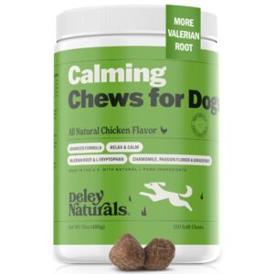 deley naturals dog calming chews - calming chews for dogs to help stress & travel sickness - dog calming treats with chamomile, valerian root and l-tryptophan - 120 calming dog treats made in the usa