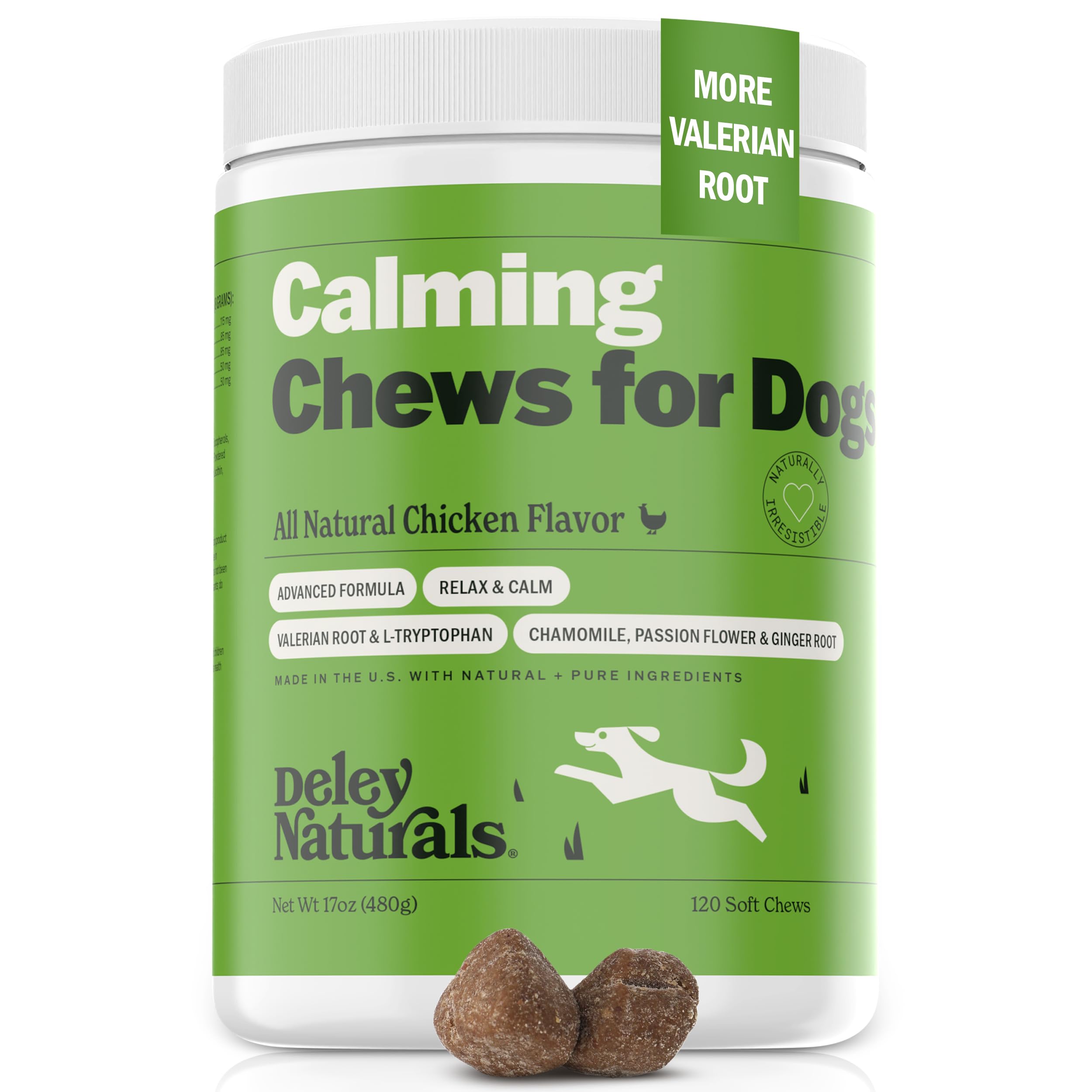 Deley Naturals Dog Calming Chews - Calming Chews for Dogs to Help Stress & Travel Sickness - Dog Calming Treats with Chamomile, Valerian Root and L-Tryptophan - 120 Calming Dog Treats Made in The USA