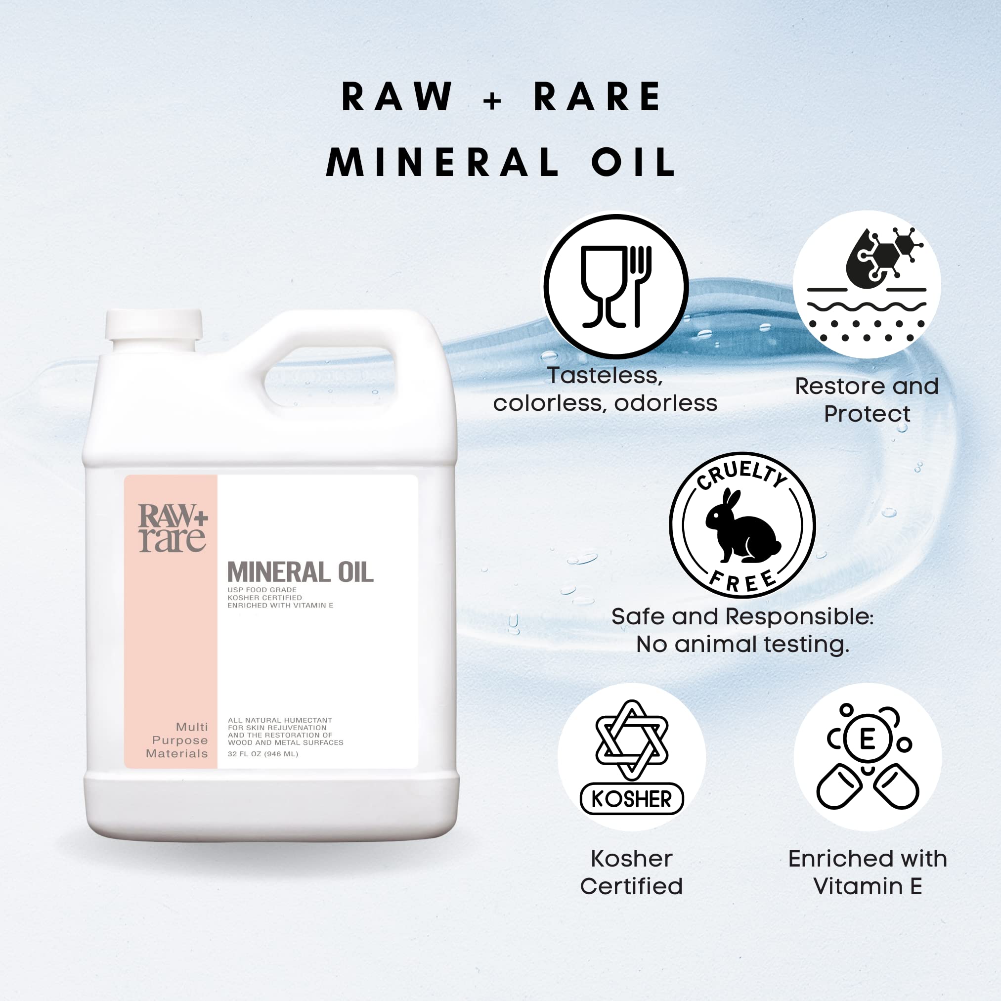 Raw Plus Rare Vegan Food Grade Mineral Oil, Safe for Wood Cutting Board, Butcher Block, Bamboo Cutting Board, and Knife Blade Oil, Cast Iron Tools Conditioner 32 oz