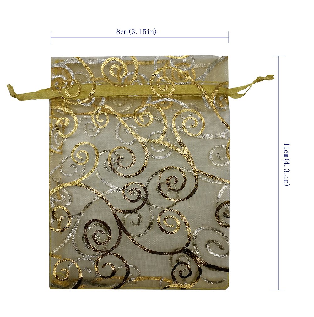 Ankirol 100pcs Sheer Organza Favor Bags For Wedding Baby Shower Rattan Print Gift Bags Samples Display Drawstring Pouches (3x4 inch, gold)