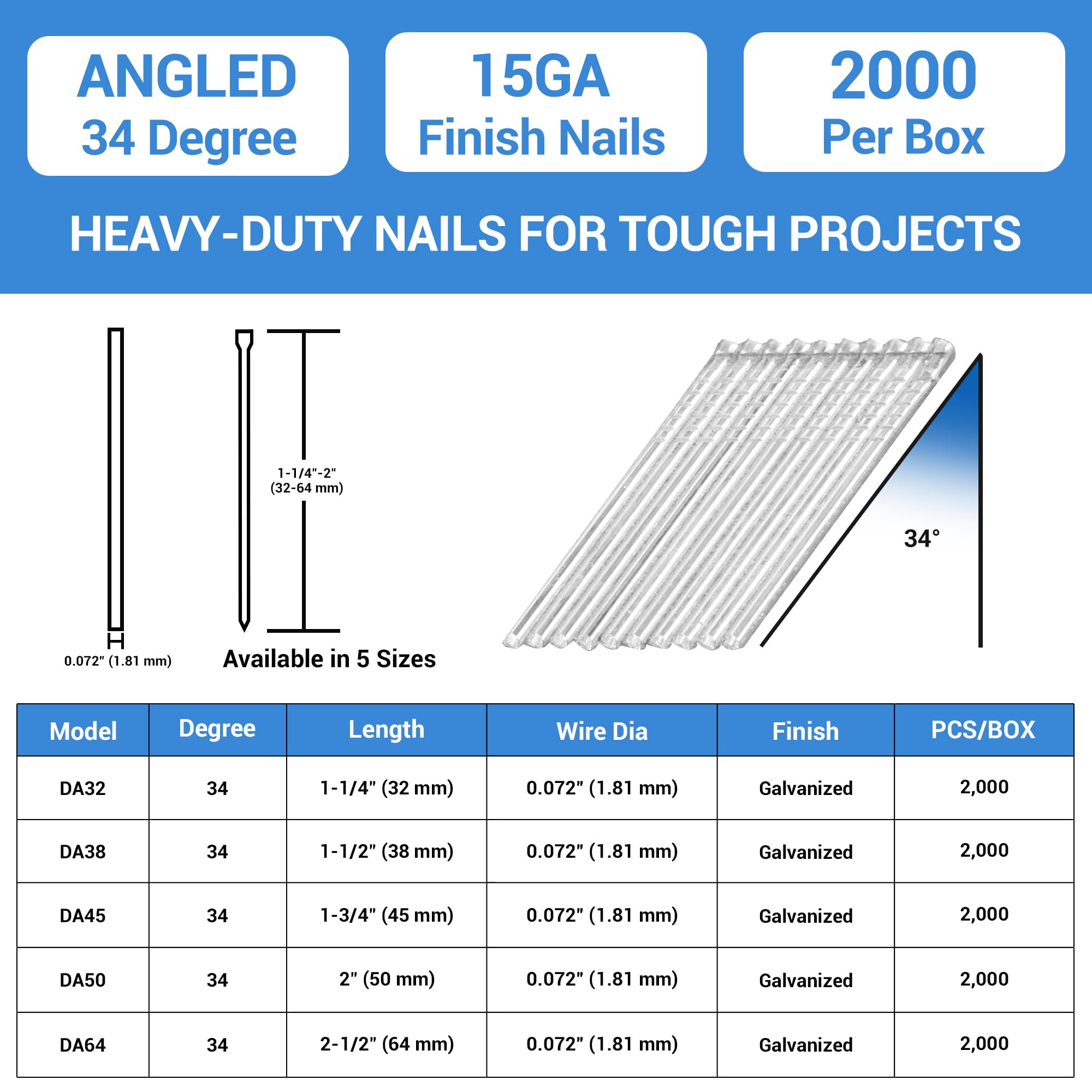 meite 15 Gauge Angled Finish Nails, 2-Inch 34 Degree DA Series Galvanized Finishing Nails for Nailer Guns - Perfect for Window Trim, Cabinet Building and Other DIY Projects (2,000 Counts)