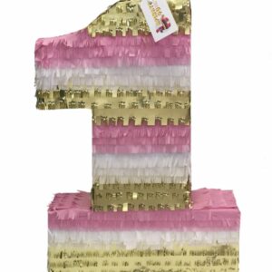 APINATA4U 20" Tall Number One Pinata Tall Light Pink White & Gold First Birthday Princess Themed